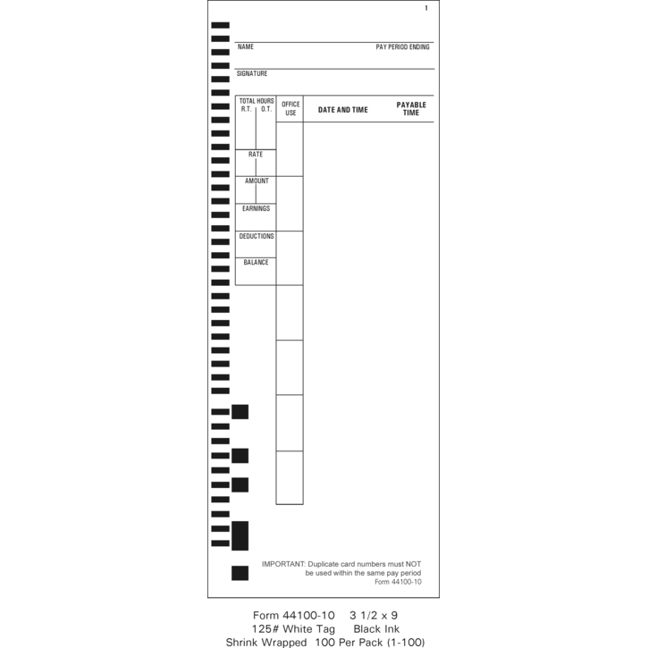44100-10 Time Cards (Pack of 1000, 10 x 100's) – Time Systems Inc